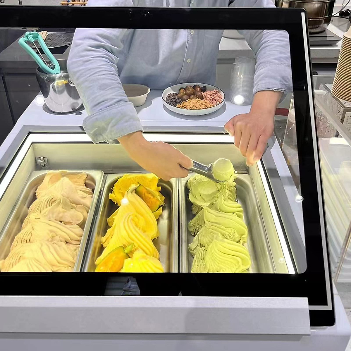 Vaseni Ice Cream Freezer Display Case, Glass Top Ice cream Showcase Countertop Gelato Display with 3 pcs 1/3 GN pan