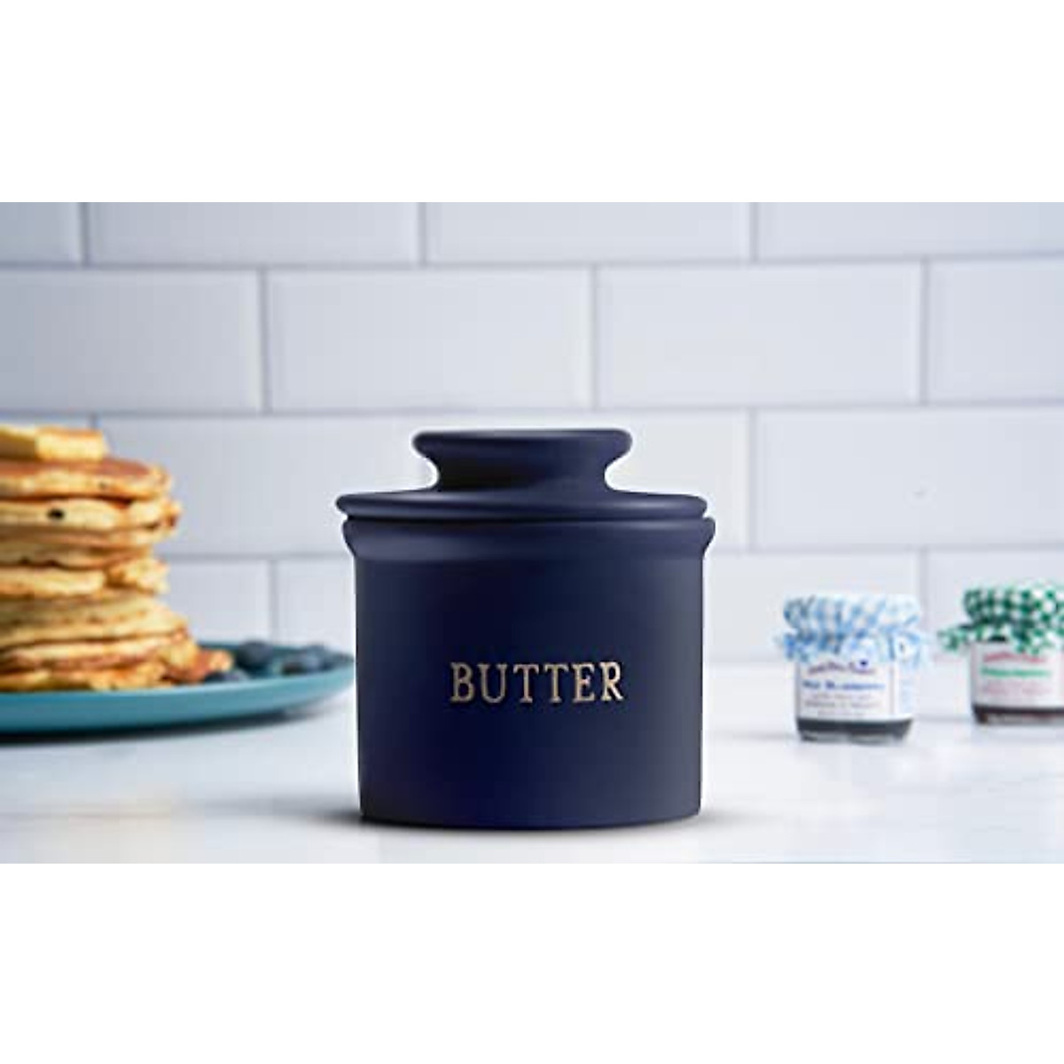 Kook Butter Keeper Dish, French Ceramic Crock with Lid, Embossed Container, For Soft Butter (Matte Navy)