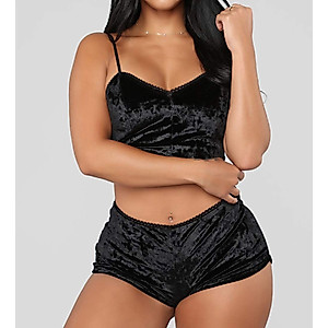 RUEWEY Women Sexy Strappy Babydoll Lingerie Satin Pajama Set Camisole with Shorts 2 Piece Sleepwear (S, Black)