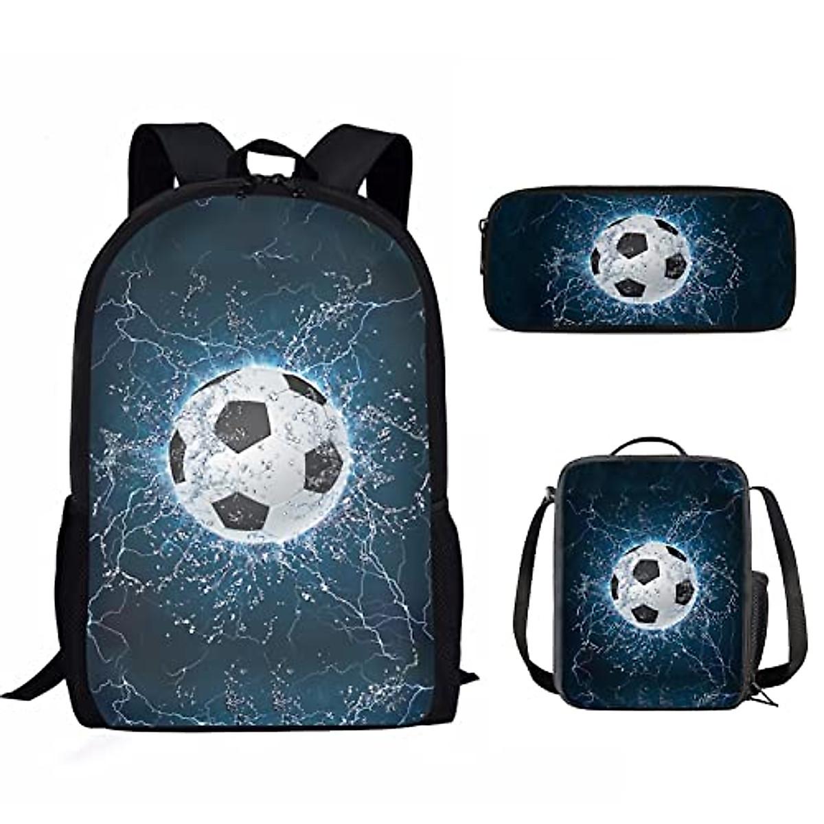 AFPANQZ Football with Water Print Backpack Set for Boys School Bag Large Capacity Bookbags Tablet Rucksack and Thermal Lunch Boxes Portable Pencil Case Back to School Supplies for Teenager Boys