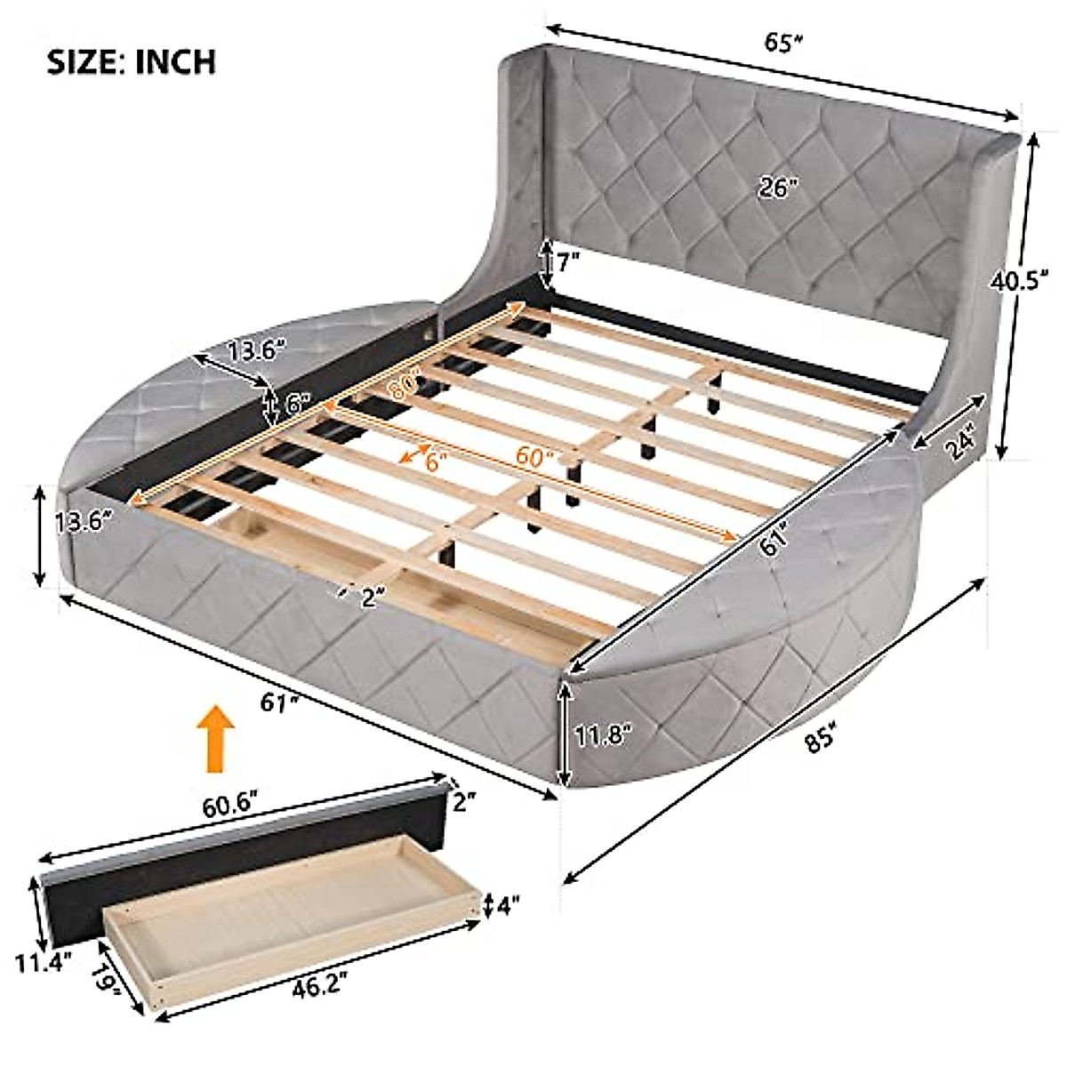 Yehha Queen Size Bed Frame w/ 1 Big Drawer & 2 Side Storage Stoo, Heavy Duty Upholstered Platform Bed w/Velvet Headboard, Capacity 500LBS, No Box Spring Needed, Gray