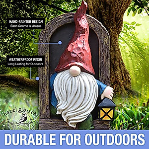 Hazel & Birch Outdoor Garden Gnome Out The Door Tree Hugger - Large Statues for Yard, Lawn, Patio, Porch - Hand Painted, Weatherproof Gnome Figurine (Out The Door Lantern Gnome)