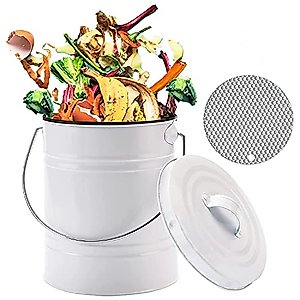 Compost Bin for Kitchen Counter, LALASTAR Small Metal Compost Bin Indoor Kitchen Sealed with Lid for Food Waste, Countertop Composter Container, White, 1 Gallon
