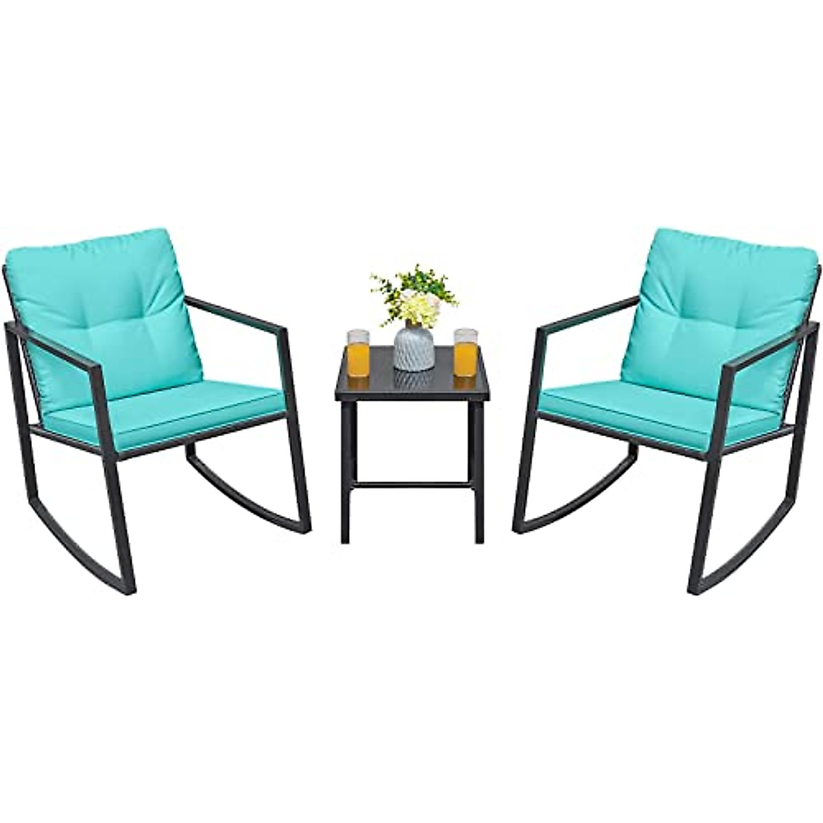 Greesum 3 Pieces Rocking Wicker Bistro Set, Patio Outdoor Furniture Conversation Sets with Porch Chairs and Glass Coffee Table, Blue