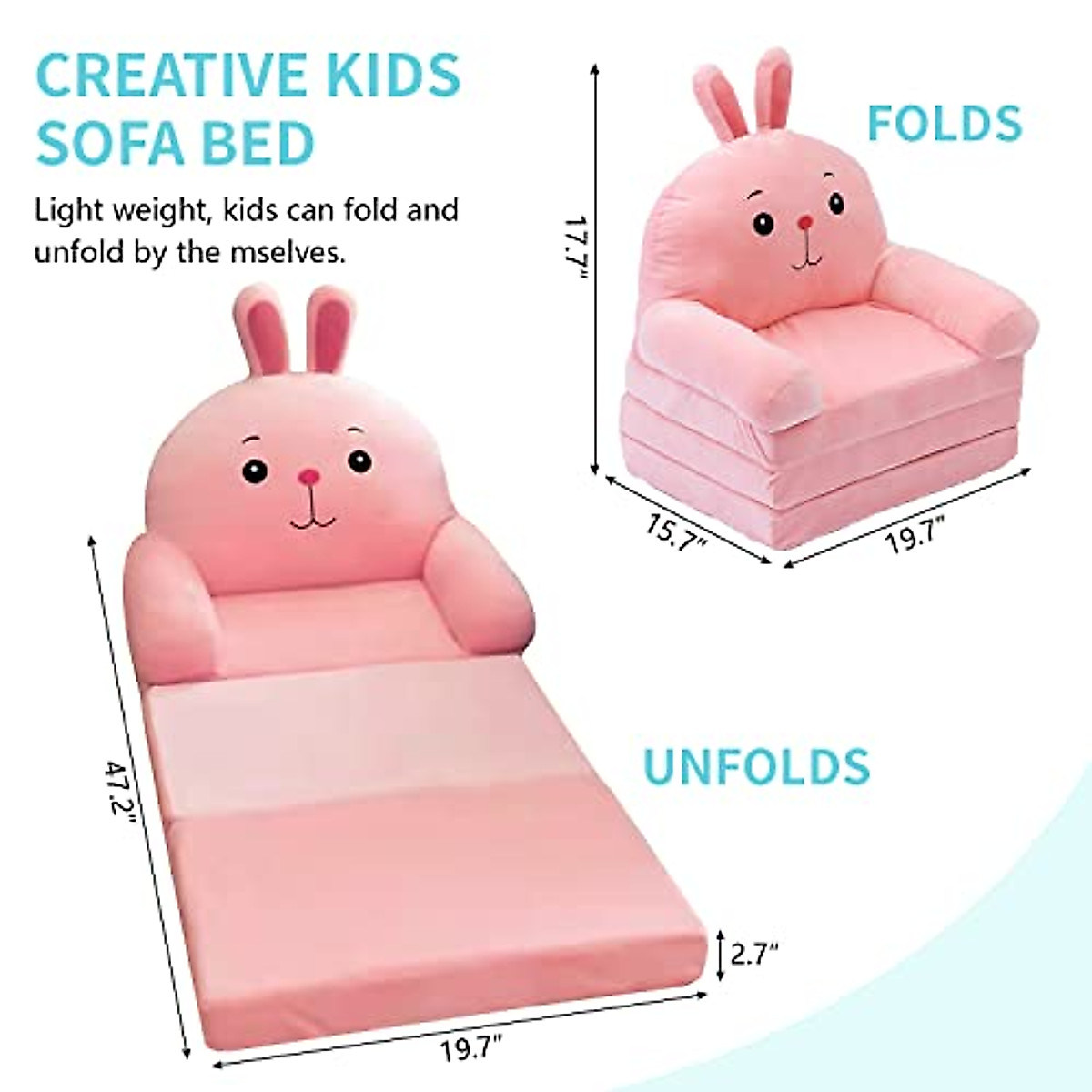 DOFIMATE 2 in 1 Pink Kids Toddler Couch Fold Out, Plush Kids Chair for Girls Toddlers Sofa Personalized Baby Couch Flip Open Mini Couch Baby Sofa Bed Chair for Toddlers Girls 0-3