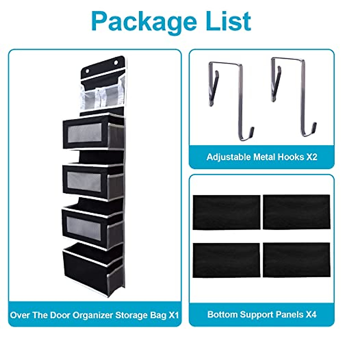 Aeeteek 1 Pack Hanging Closet Organizer 5-Shelf Over The Door Shoe Organizer Wall Mount Storage Bag Containers 49.2 * 13 * 5.5 Inches Large Capacity Collapsible Shelves Drawers (Black)