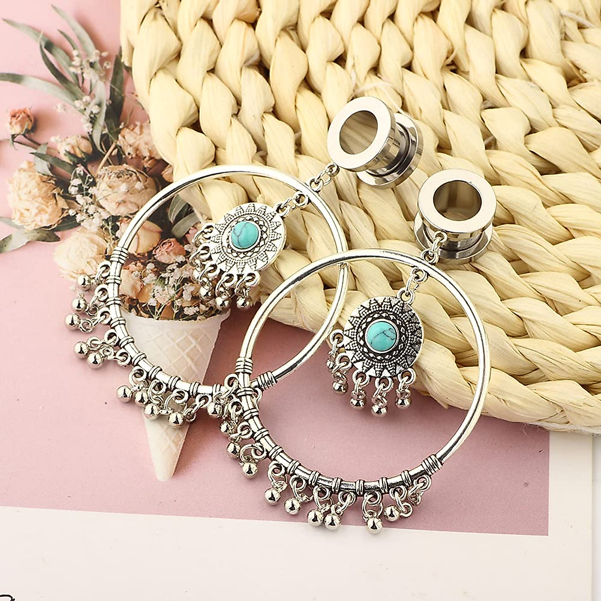 TIANCI FBYJS 3 Pairs Stainless Steel Dangle Ear Plugs Tunnels Gauges Stretcher Piercings 2g-0g-00g Earrings for Women Men (8mm=0g)