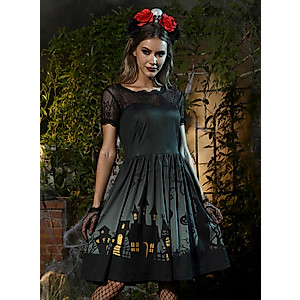 Women's Halloween Lace Sleeves Party Witch Costume Swing Pumpkin Vintage Dress Dark Night L