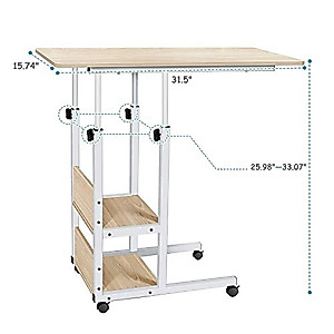 Retyion Movable Computer Desk with Wheels Height Adjustable C Shaped Laptop Table with Storage Shelves for Sofa Couch Home Office