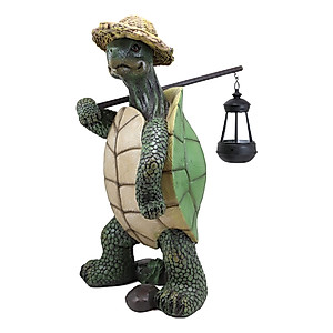 Ebros Gift Nautical Nature Lover Adventure Hiking Tortoise with Straw Hat Statue Carrying Solar Powered Lantern LED Light On A Pole Turtle Garden Yard Pool Patio Deck Home Decorative Accent