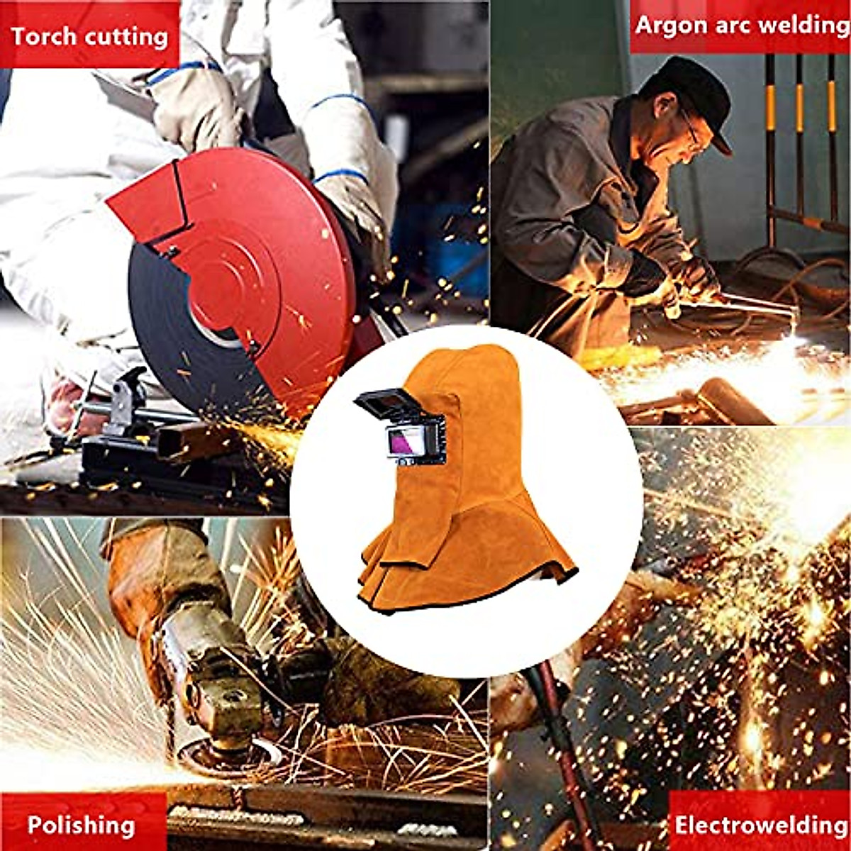 Leather Welding Mask, Leather Welder Hood Leather Mask Welder Helmet with Auto Darkening Filter Lens, Work Cap Welding Helmet, Yellow (Full Face+Neck Shoulder Coverage)