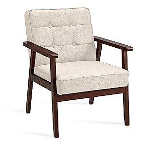 Hupmad Mid Century Accent Chair,Single Linen Upholstered Armchair with Solid Wood Frame,Wooden Side Chair Retro Lounge Sofa Leisure Chair for Living Room, Bedroom, Beige