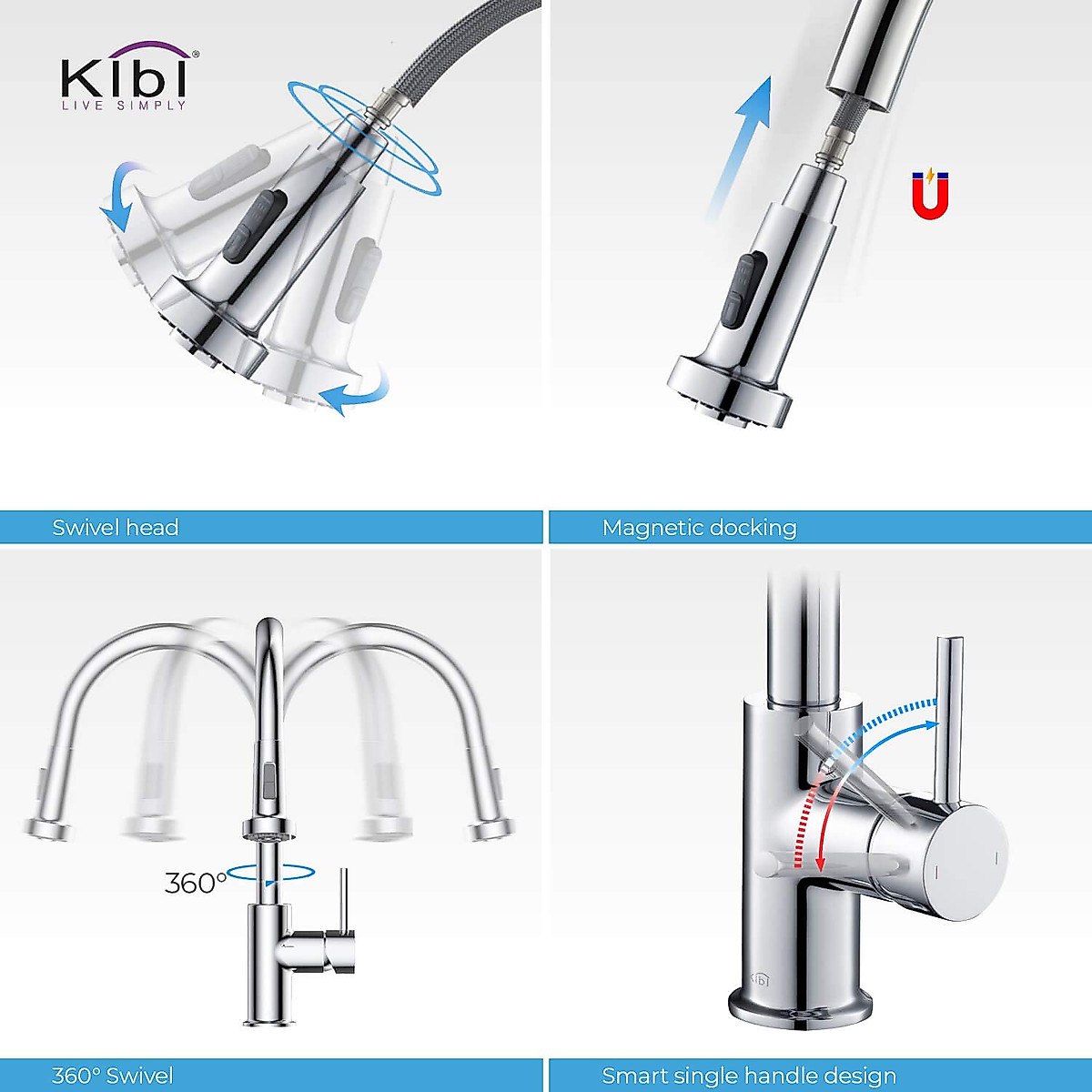 KIBI Casa Single Handle Pull Down Faucet for Kitchen Sink | Solid Brass High Arc Faucet Spout | Kitchen Faucet with Pull Down Sprayer (Chrome) (KKF2002) (Soap Dispenser included)
