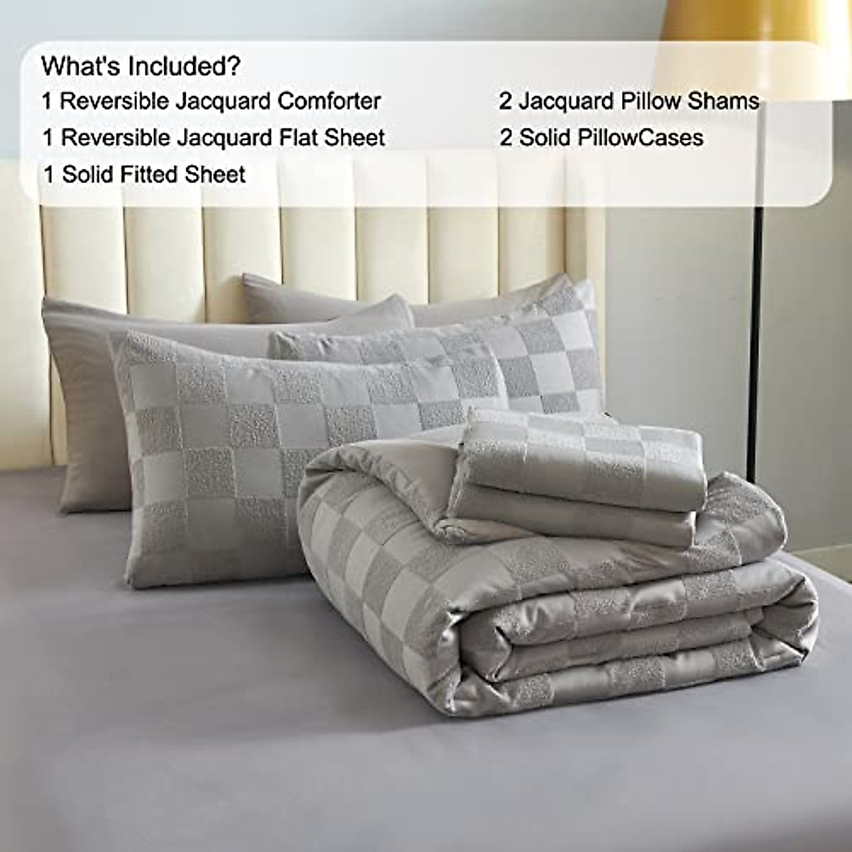 BESTCHIC 7 Piece Grid Bed in a Bag, Grey Plaid Comforter Set Queen Size, Embroidery Shabby Chic Tufted Comforters and Sheet, All Season Soft Microfiber Complete Bedding Sets (90x90 Inches)