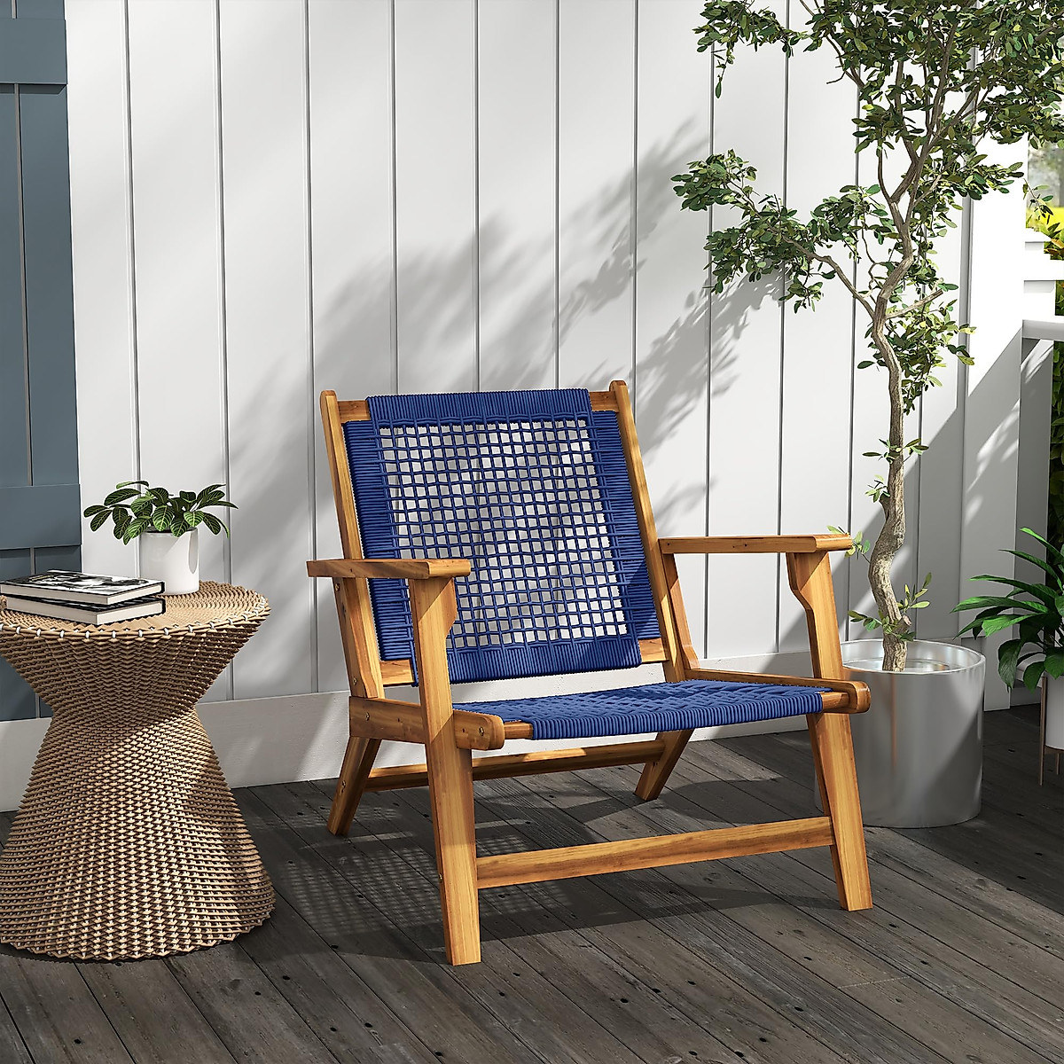 Outsunny Patio Acacia Wood Adirondack Chair, Modern Wood Fire Pit Chair with PP Rope Weave, Coconino Lounge Chair with High Backrest Support, Dark Blue