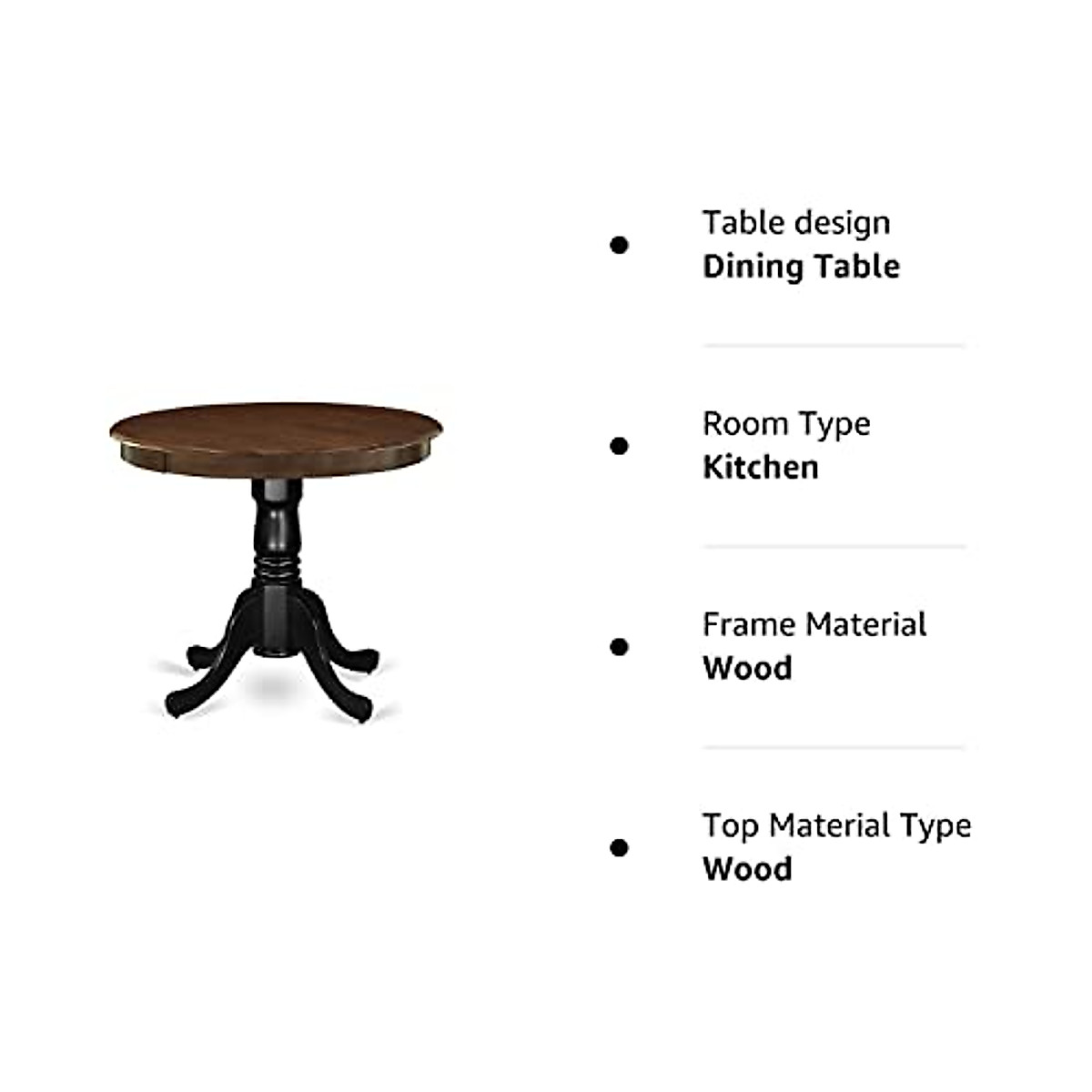 East West Furniture Wooden AMT-WBK-TP Dinner Table with Walnut Round Tabletop and 36 x 29.5-Black Finish