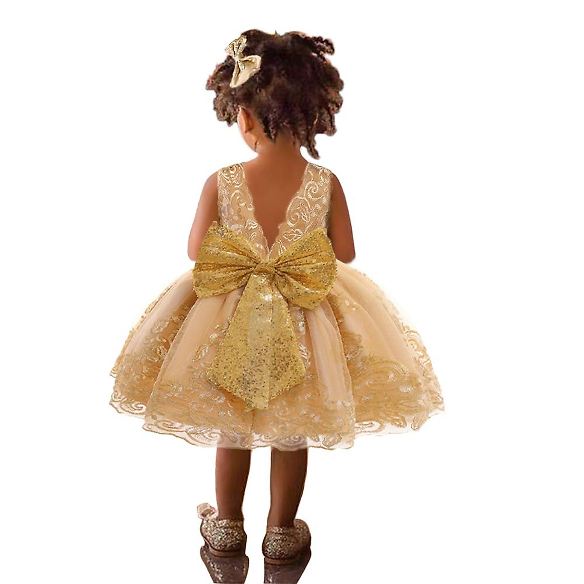 Lace Flower Girls Sequins Bowknot V-Back Tutu Dress for Kids Baby Christening Baptism Communion Birthday Party Dress Toddler Princess Pageant Wedding Bridesmaid Gown with Headwear 002 Gold 0-3 Months