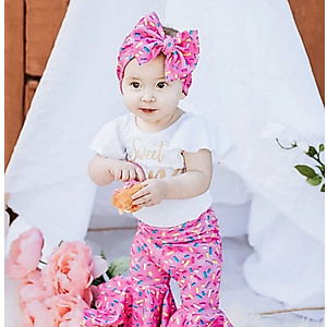 Lamuusaa Toddler Baby Girls Birthday Outfits Sweet One/Two Sweet Romper Shirts Doughnut Shorts/Flared Pants Headband Set