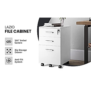 Lazio 26 Inch File Cabinet with Lock - Filing Cabinet for Home and Office - 3 Drawer File Cabinet with Wheels for A4 Sized Letters/Documents, Legal Sized Documents, Hanging File Folders - White/White