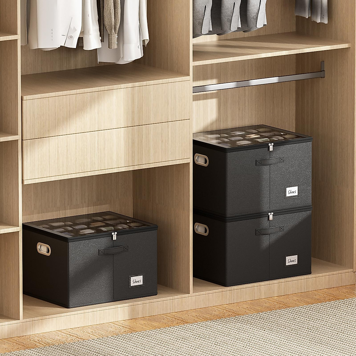 Shoe Organizer for Closet,Fits 16 Pairs,Leather Fabric Shoe Storage Bins with Clear Cover,Shoe Box Storage Containers,Adjustable Dividers for Storage with 4 Handles (Black, (19.7 * 15.7 * 13) x1)