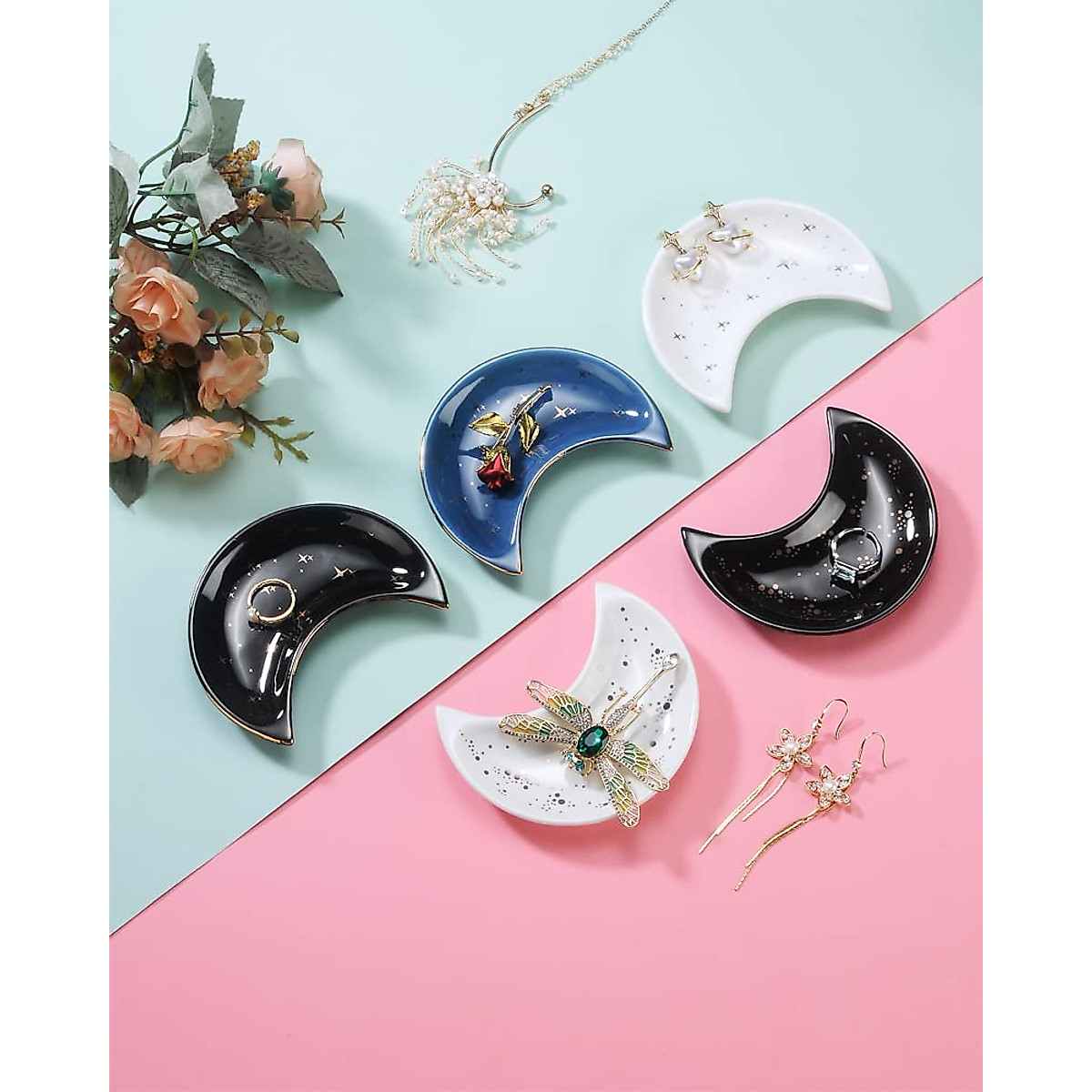 JAMEND CLXP Small Moon Jewelry Tray, Shining Stars Engagement Ring Tray, White Ring Dish for Women Girls in Vanity Bathroom. Decorative Trinket Tray for Organizing Necklace Earrings Keys, Ceramic.