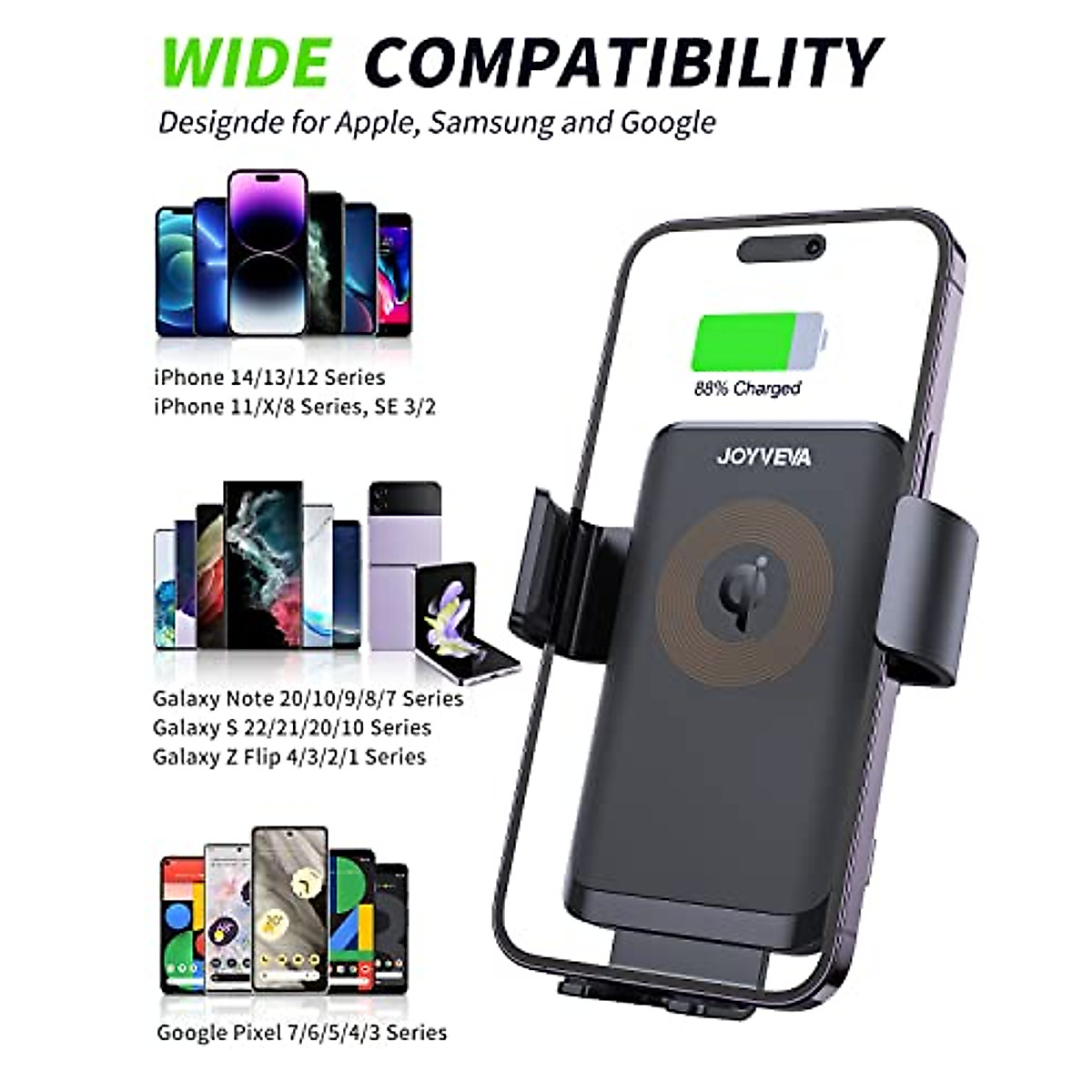JOYVEVA Wireless Car Charger, Auto Alignment Auto Clamping Car Charging Mount for iPhone14/14 Pro Max/13/13 Pro/12/12 Pro/11/10/8, Vent Dashboard Car Phone Holder for Galaxy S23/S23+/S23Ultra/Flip4/3