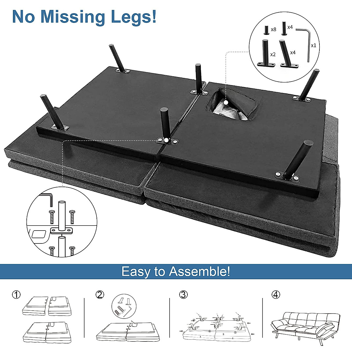 Maxspeed Futon Sofa Bed Memory Foam Couch Convertible Modern Loveseat Sleeper Sofa Adjustable ArmrestsMetal Legs,Multifunctional Futon Sofa BedLiving Room,,Small Spaces(Grey),Grey 1(267FA-DGY-06)