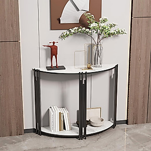 Wisfor Sintered Stone Console Table: Half Round White Entryway Table with Black Frame - Modern Narrow Sofa End Table - Semicircular Accent Table for Hallway, 39.4x11.8x30.7 inch