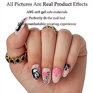 Halloween Press on Nails Short Almond Pink False Nails, Gel Acrylic Fake Nails with Glue, Salon Effect Natural Fit Reusable Glue on Nails Set 14Size 28Pcs, Halloween Design