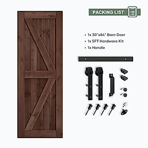 ROYMELO 30x84 inch Sliding Barn Wood Door Slab with 5ft Hardware Kit and Handle, Coffee, K Shape, Simple DIY Assembly