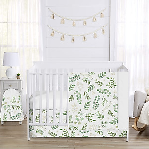 Sweet Jojo Designs Floral Leaf Baby Girl Nursery Crib Bedding Set - 4 Pieces - Green and White Boho Watercolor Botanical Woodland Tropical Garden