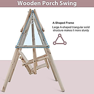 Outdoor Wooden Porch Swing 67 Inch Log Swing with Stand, A-Frame Yard Swing Set Patio Furniture Modern 2 Person Swing Sturdy Garden Bench Swing Rustic Curved Back Swing Chair for Adults
