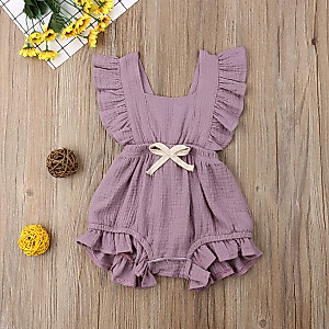 VISGOGO Toddler Baby Girl Ruffled Rompers Sleeveless Cotton Romper Bodysuit Jumpsuit Clothes (6-12 Months, Purple)