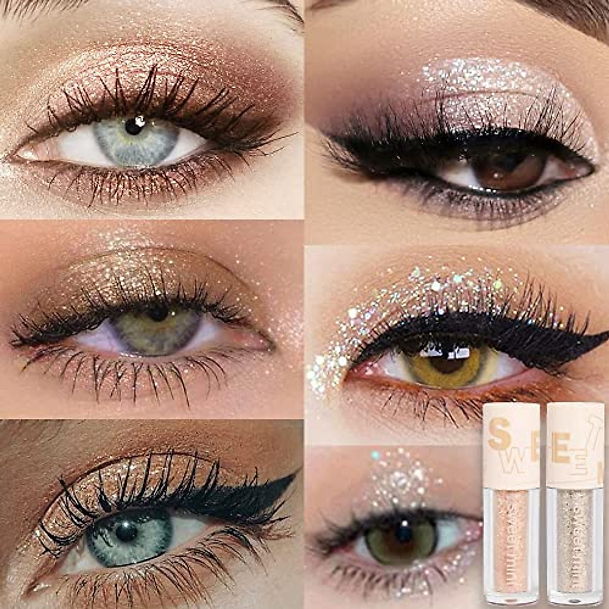 2Pcs Waterproof Crystal Liquid Glitter Eye Shadow Sticks.Quick-Drying Liquid Sparkling Silver Golden Eyeshadow Eyeliner Eyelid.Liquid Highlight Shimmer Eye Makeup Sparkly for Eyes,sombra de para ojos