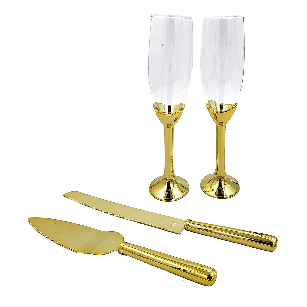 FASHIONCRAFT Elegant Glasses with Cake Knife and Server 4 Piece Set, Gold