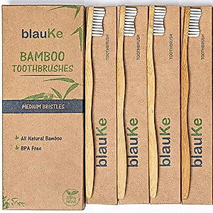 Bamboo Toothbrushes Medium Bristles 4-Pack – Biodegradable, Sustainable, Compostable, Natural, Eco Friendly Wood Toothbrush Set – BlauKe®