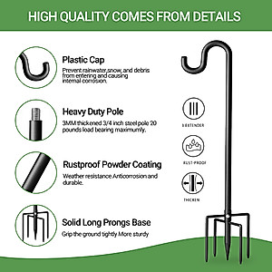 76" Shepherds Hooks for Outdoor, Extra Thick Bird Feeder Pole with 5 Prong Base, Adjustable Shepards Hook for Garden, Weddings, Hanging Plant