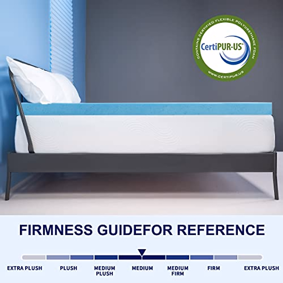 SUBRTEX 4 Inch Memory Foam Mattress Topper Ventilated Gel Infused Bed Foam Topper for Pressure Relieving, CertiPUR-US Certified, Queen, Blue