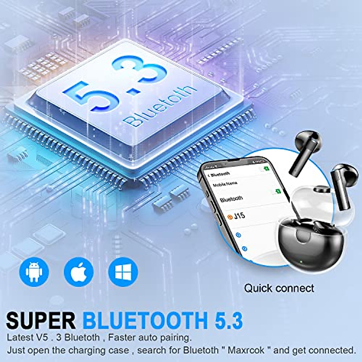 MAXROCK True Wireless Earbuds,TWS Bluetooth Headphones Stereo Powerful Sound TWS Earphones,30H Playtime,Sweat Proof Dual Bluetooth 5.2 Headset with Built-in Mic for Sports,Transparency Black (Black)