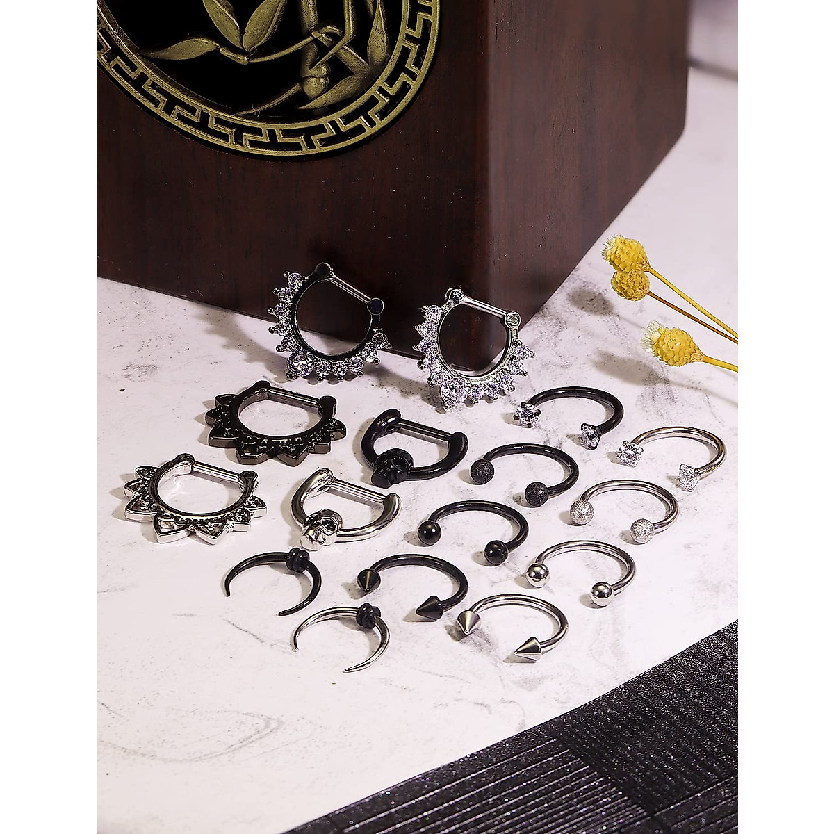 Hoeudjo Septum Clicker Rings 16G Surgical Steel Nose Hoop Rings Retainer Body Piercing Jewelry with Clear CZ Women Men Skull Daith Helix Tragus Lip Cartilage Earrings 16 Pieces Silver Black