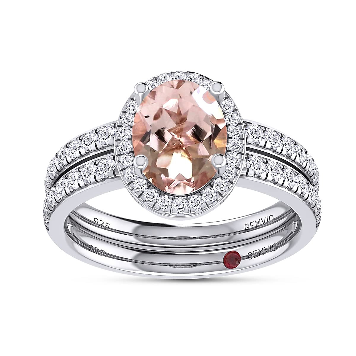 GEMVIO Collection 8X6MM Oval Cut Natural Morganite Gemstone & Natural Diamond Halo Bridal Set Engagement Ring In 14K White Gold Over Sterling Silver Anniversary Wedding Ring (1.40 Cttw)-7