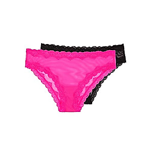 Smart & Sexy Women's Lace Trim & Mesh Panty 2 Packs Sexy Thongs & Cheeky Bikinis, Electric Pink/Black Hue, 7