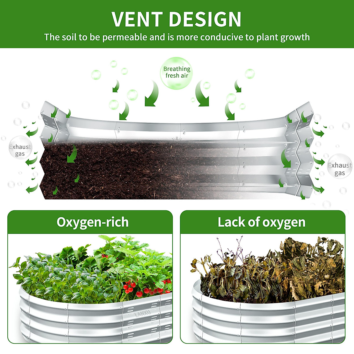 LANXU Galvanized Raised Garden Bed, 0.6MM Thickness, 4x2x1FT, Breathable Side Vents Metal Garden Planter for Vegetables Flowers Herbs