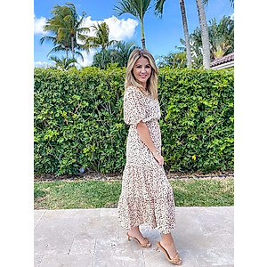 GRECERELLE Women Dress, Summer Casual Loose Crew Neck Boho, Leopard Dot Ruffle Puff Sleeve, High Waist Midi Beach Dress