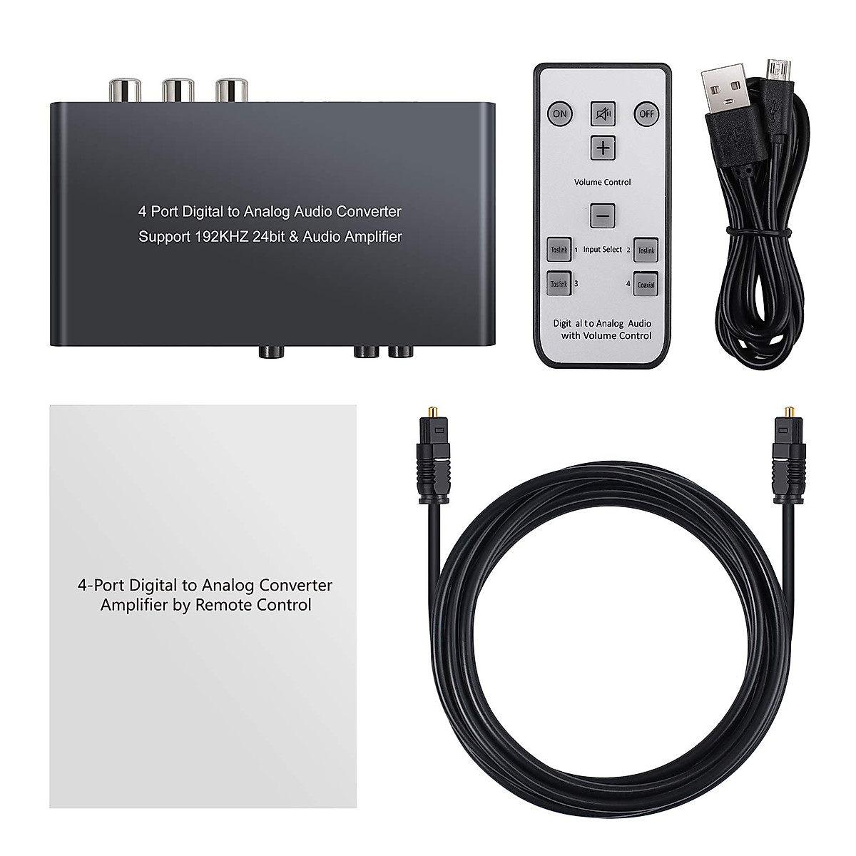 LiNKFOR DAC Converter 192kHz Digital to Analog Audio Converter 3 Optical SPDIF Toslink + 1 Coaxial Switch to Analog Stereo L/R RCA 3.5mm Audio Adapter Support Volume Control/Mute/Power ON or OFF by
