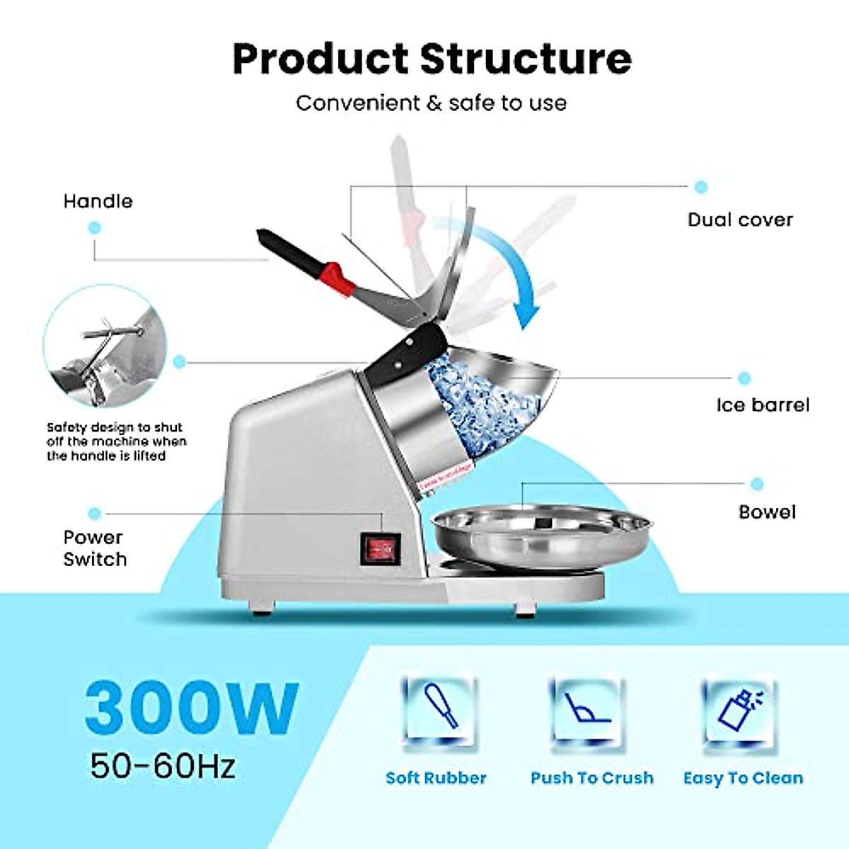 VIVOHOME Electric Dual Blades Ice Crusher Shaver Snow Cone Maker Machine Silver 143lbs/hr with Ice Pick for Home and Commercial Use