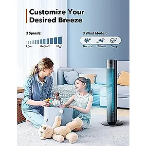 Mirdred Tower Fan with Remote, 44” Bladeless Fan, 70° Oscillating Fan for Bedroom, 3 Speeds, 3 Modes, 12H Timer, LED Display, Quiet Cooling Standing Floor Fans for Home Living Room Office, Black