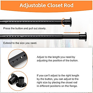 Closet Rods for Hanging Clothes, Heavy Duty Closet Rod 17-96 Inch Adjustable Clothes Hanging Bar Metal Shower Curtain Rods for Closet, Wardrobes, Bathroom, Windows
