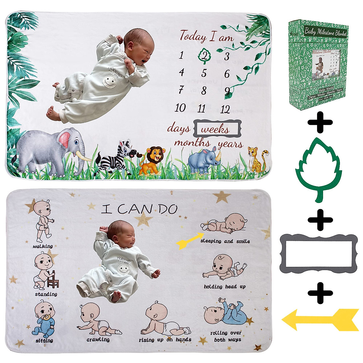 vmaisi Baby Milestone Blanket Gifts - Newborn Boy & Girl Monthly Year Infant Growth Blankets Nursery Swaddling Blankets (Green Animals - Baby, Double Printed)