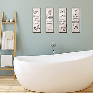 Qunclay 4 Pcs Butterfly Inspirational Quote Wooden Sign Love Faith Believe Dream Wall Decor Wood Flower Room Rustic Encouragement Signs for Home Decor Wall Bathroom(11 x 4 Inch)